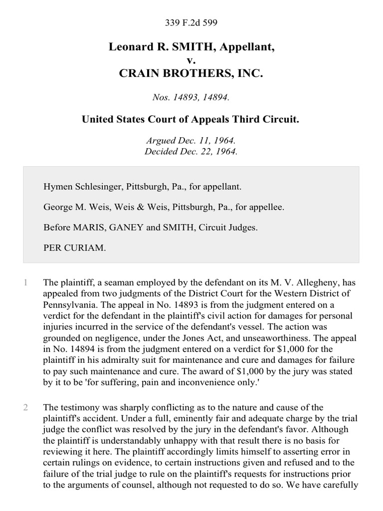 Leonard R. Smith v. Crain Brothers, Inc, 339 F.2d 599, 3rd Cir. (1964 ...