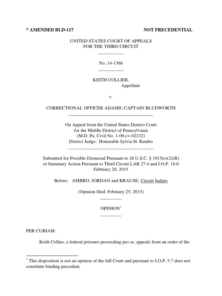Keith Collier v. Adams, 3rd Cir. (2015) | PDF | Summary Judgment | Courts