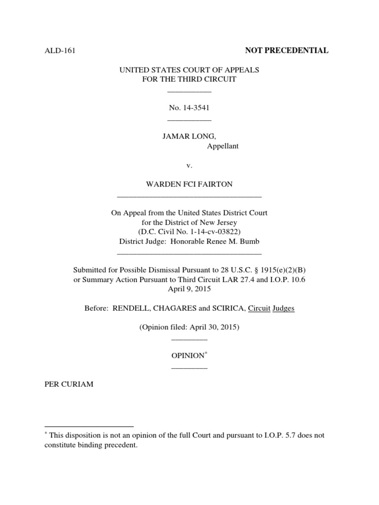 Jamar Long v. Warden Fairton FCI, 3rd Cir. (2015) | PDF | Actual ...