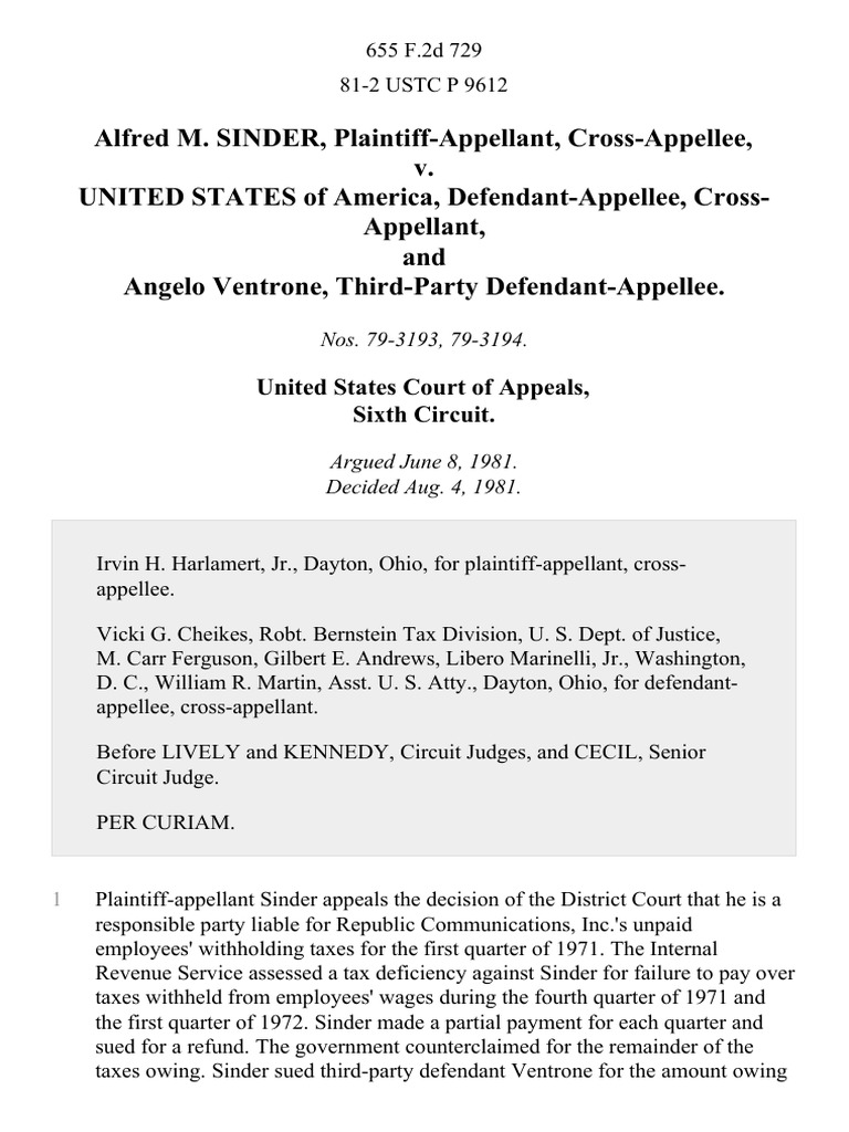 Alfred M. Sinder, Cross-Appellee v. United States of America, Cross ...