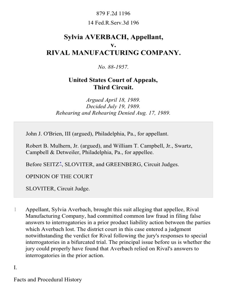 Averbach v. Rival Mfg. Co. Fraud Case | PDF | Discovery (Law) | Complaint