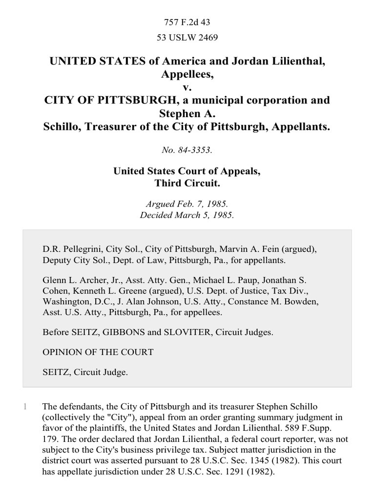 United States of America and Jordan Lilienthal v. City of Pittsburgh, A ...