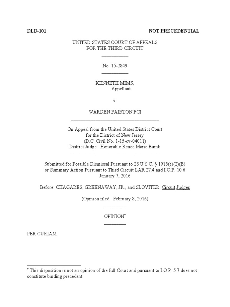 Kenneth Mims v. Warden Fairton FCI, 3rd Cir. (2016) | PDF | United ...