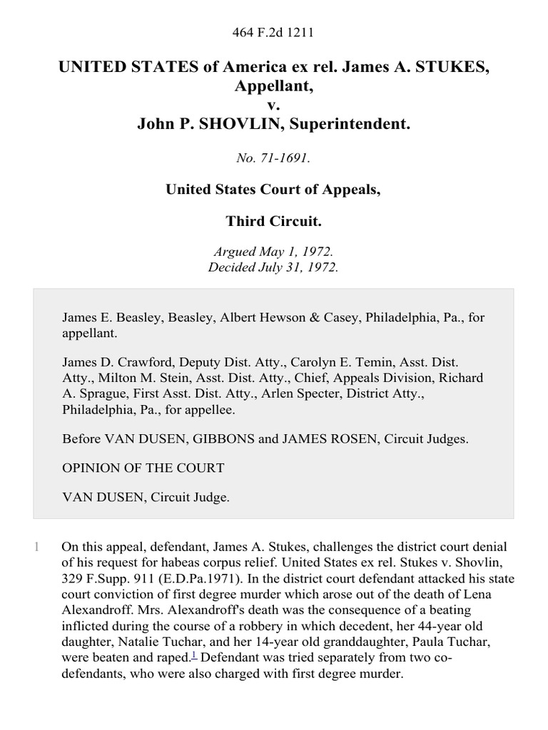 United States of America Ex Rel. James A. Stukes v. John P. Shovlin ...