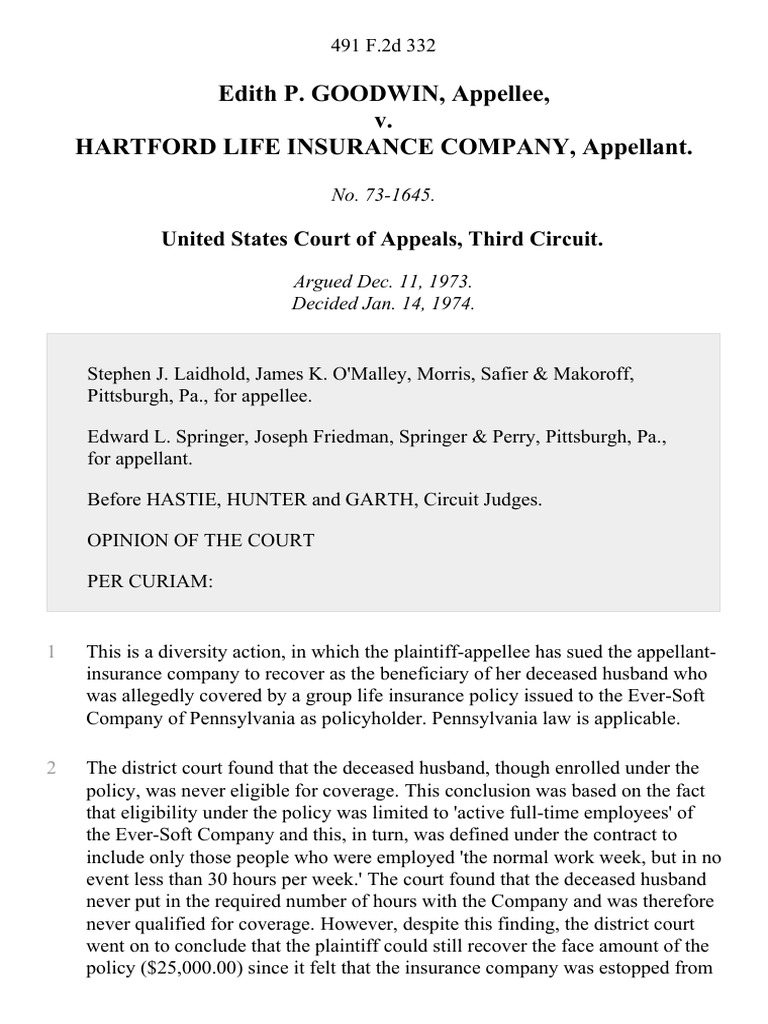 Edith P. Goodwin v. Hartford Life Insurance Company, 491 F.2d 332, 3rd ...