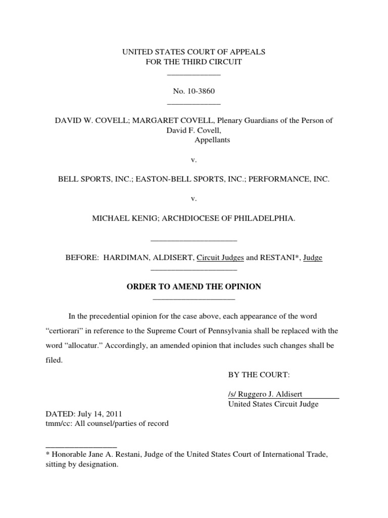 David Covell v. Bell Sports Inc, 3rd Cir. (2011) | PDF