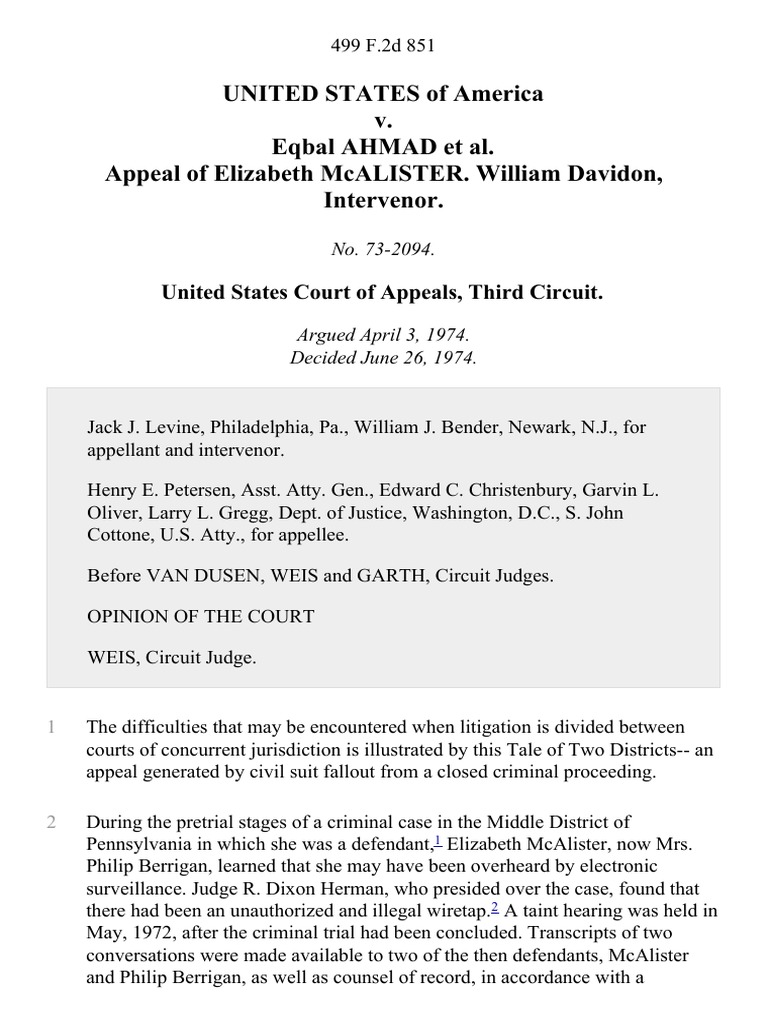United States v. Eqbal Ahmad Appeal of Elizabeth McAlister William ...
