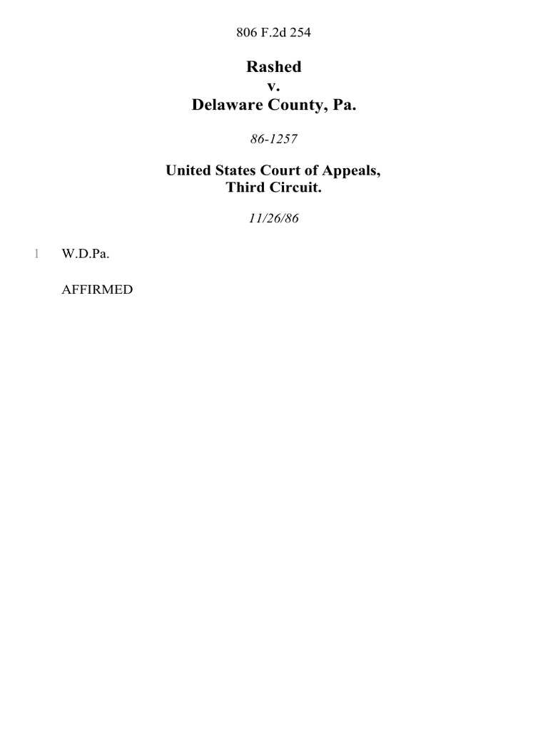 Rashed v. Delaware County, Pa, 806 F.2d 254, 3rd Cir. (1986) | PDF | Law