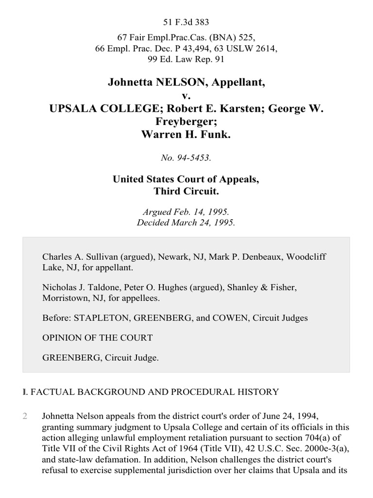Johnetta Nelson v. Upsala College Robert E. Karsten George W ...