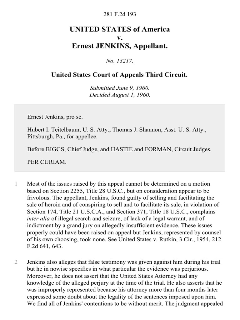 United States v. Ernest Jenkins, 281 F.2d 193, 3rd Cir. (1960) | PDF | Law