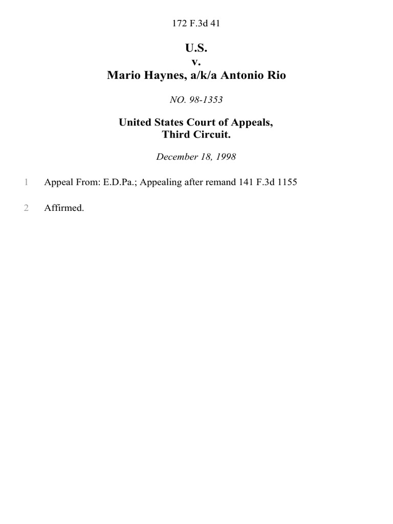 United States v. Mario Haynes, A/K/A Antonio Rio, 172 F.3d 41, 3rd Cir ...