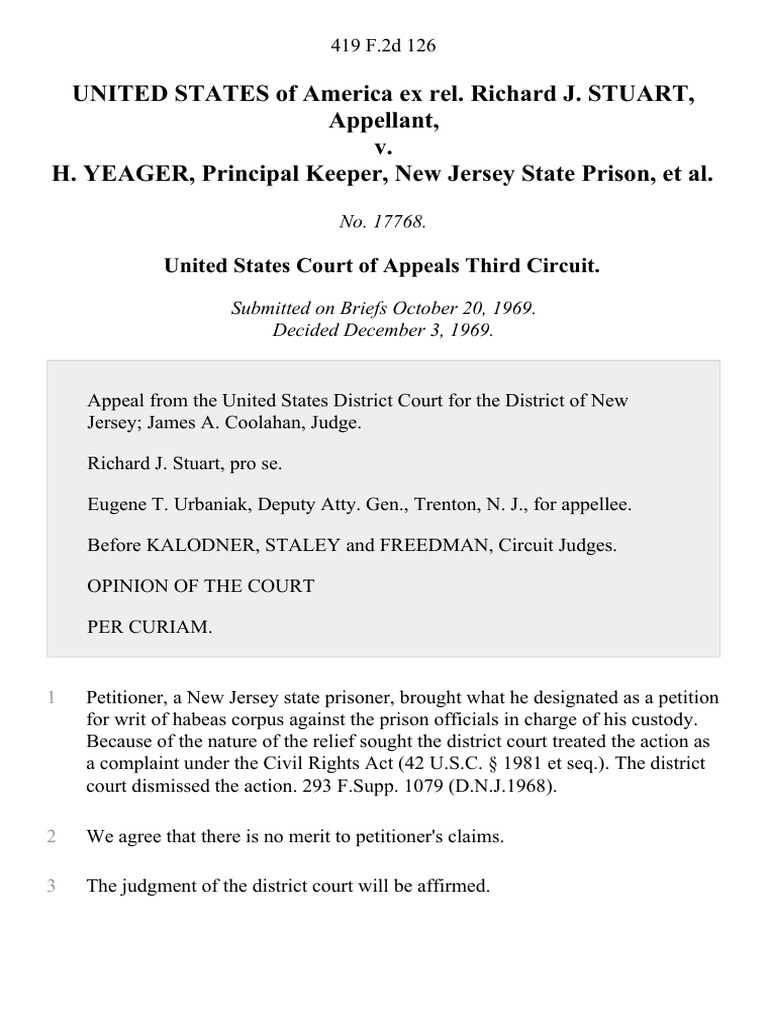Stuart v. Yeager: Habeas Corpus Appeal | PDF