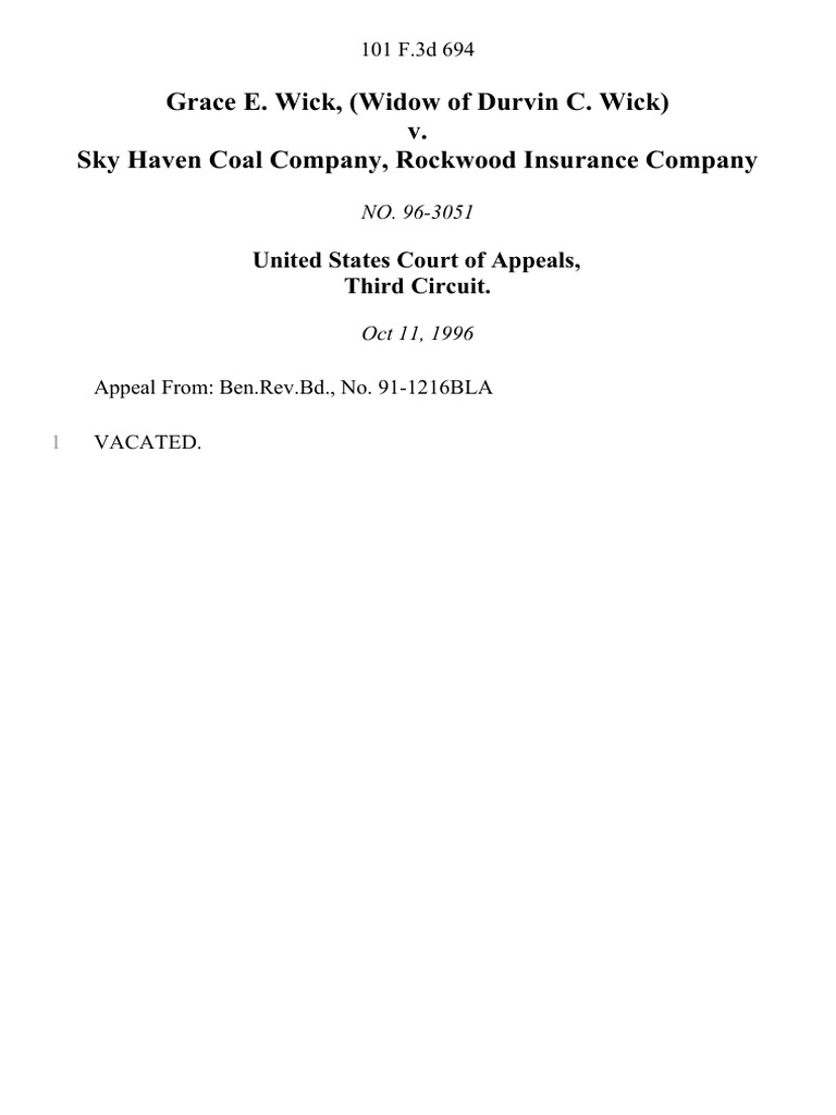 Grace E. Wick, (Widow of Durvin C. Wick) v. Sky Haven Coal Company ...