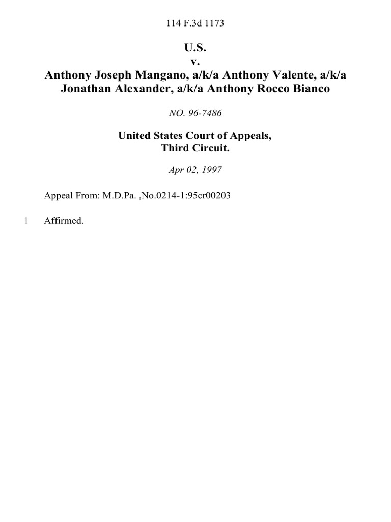 United States v. Anthony Joseph Mangano, A/K/A Anthony Valente, A/K/A ...