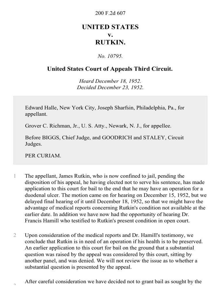 United States v. Rutkin, 200 F.2d 607, 3rd Cir. (1952) | PDF