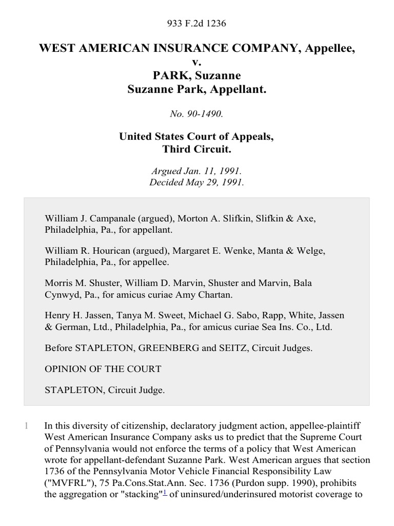 West American Insurance Company v. Park, Suzanne Suzanne Park, 933 F.2d ...