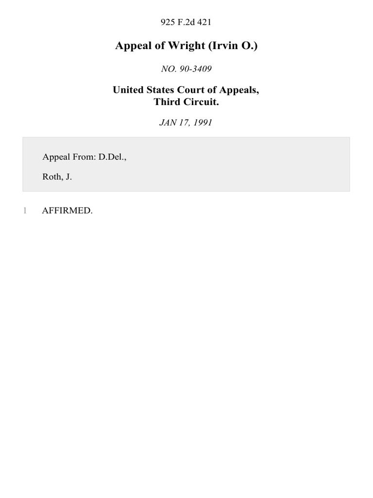 Appeal of Wright (Irvin O.), 925 F.2d 421, 3rd Cir. (1991) | PDF | Politics