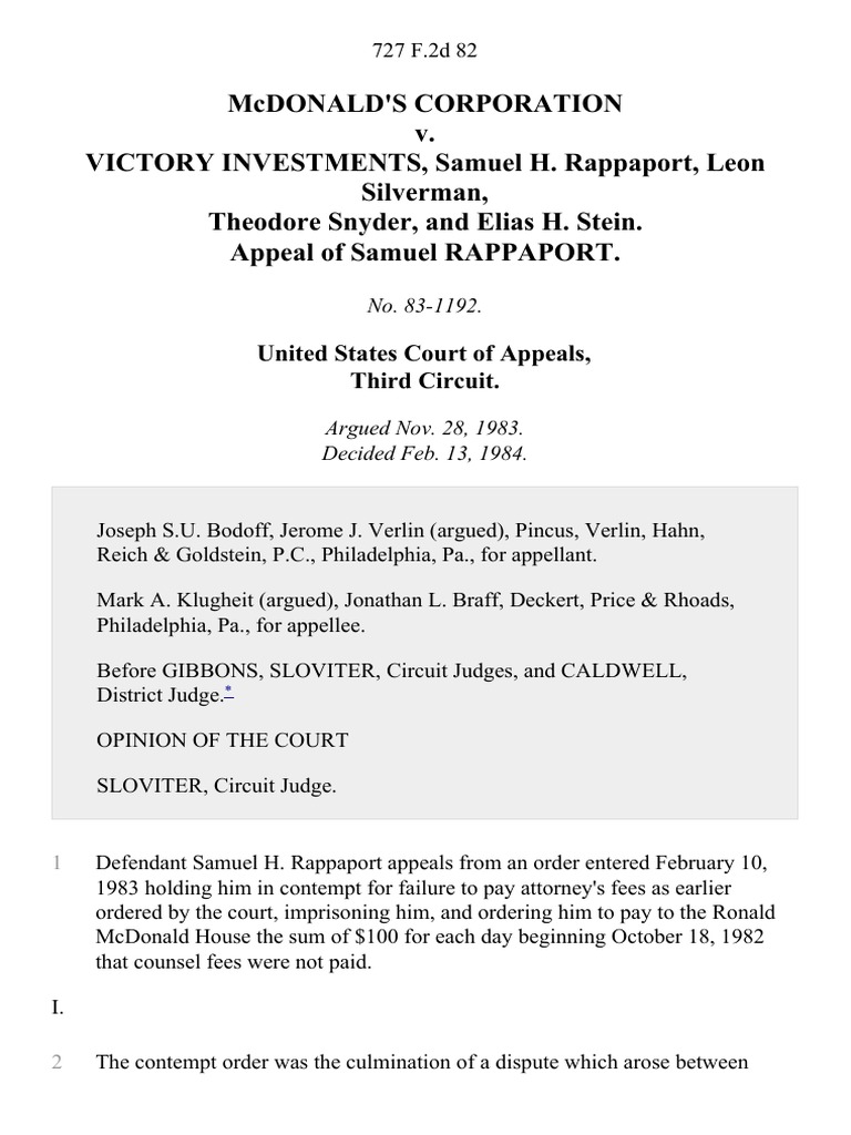 Mcdonald'S Corporation v. VICTORY INVESTMENTS, Samuel H. Rappaport ...