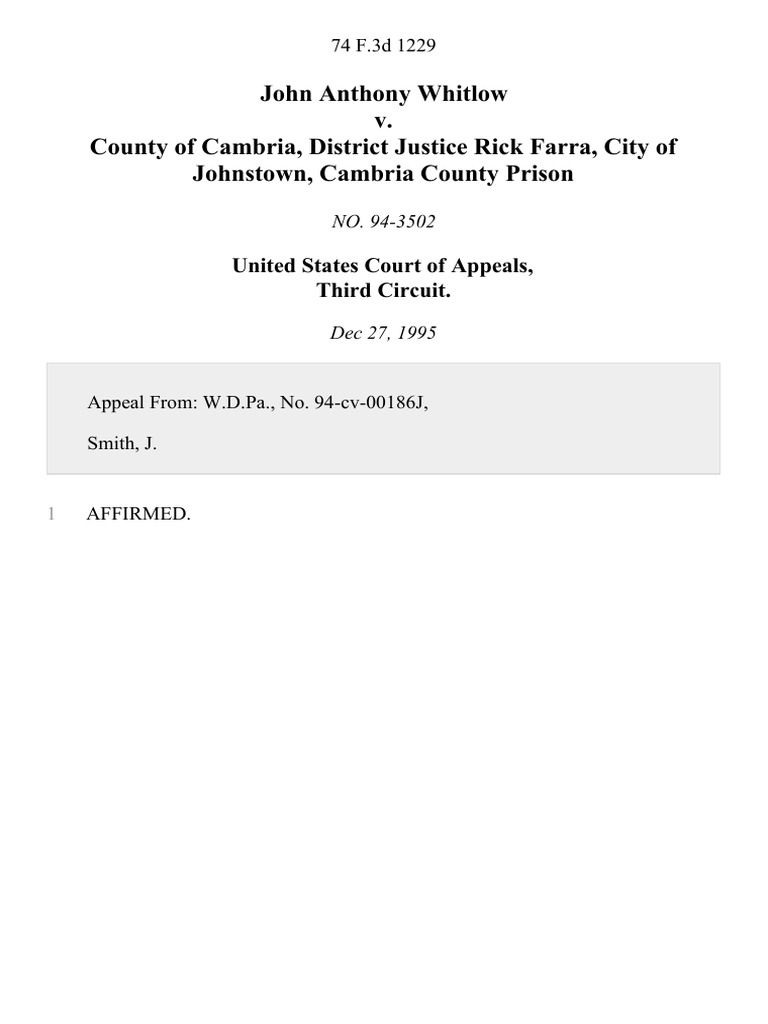 John Anthony Whitlow v. County of Cambria, District Justice Rick Farra ...