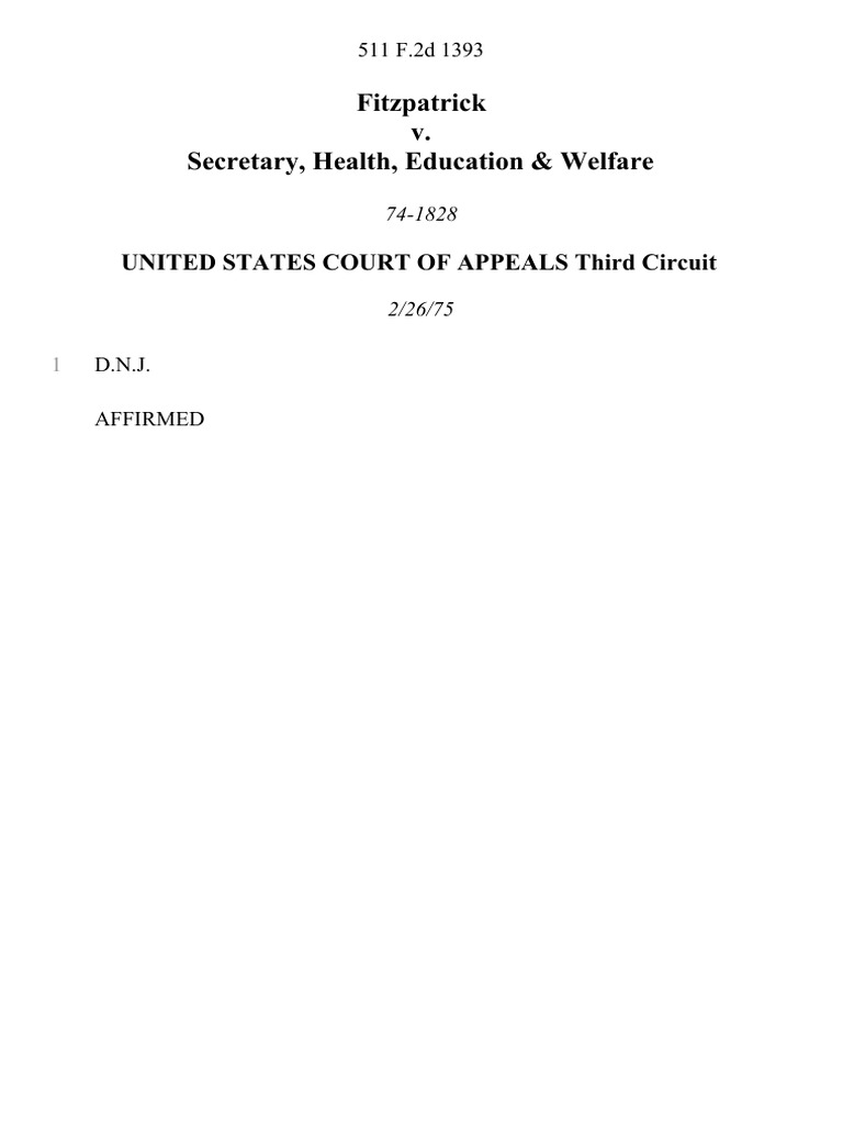Fitzpatrick v. Secretary, Health, Education & Welfare, 511 F.2d 1393, 3rd Cir. (1975) | PDF | Law
