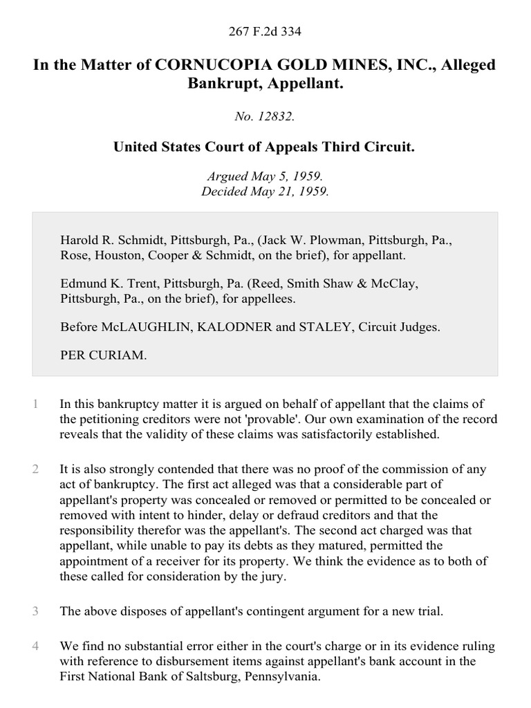In The Matter of Cornucopia Gold Mines, Inc., Alleged Bankrupt, 267 F ...