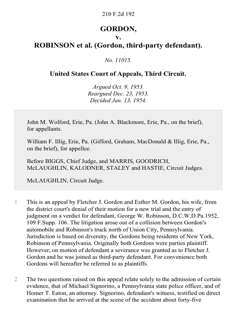 Gordon v. Robinson (Gordon, Third-Party Defendant), 210 F.2d 192, 3rd ...