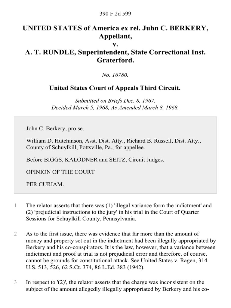 United States of America Ex Rel. Juhn C. Berkery v. A. T. Rundle ...