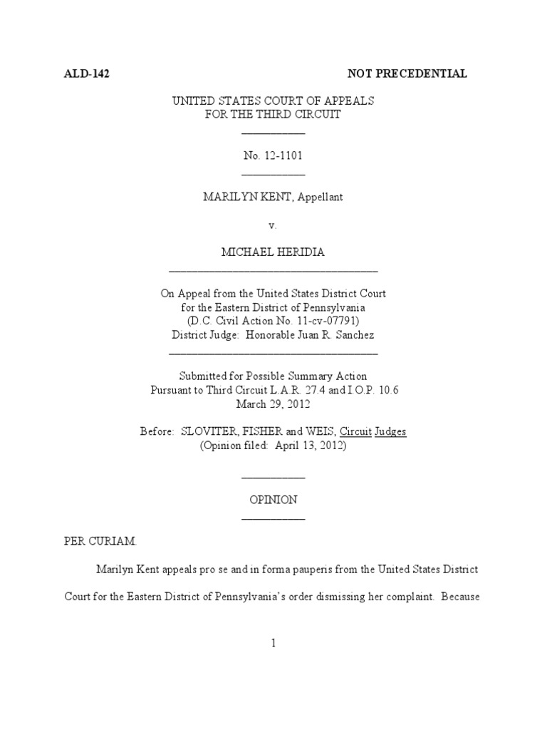 Marilyn Kent v. Michael Heridia, 3rd Cir. (2012) | Cause Of Action ...