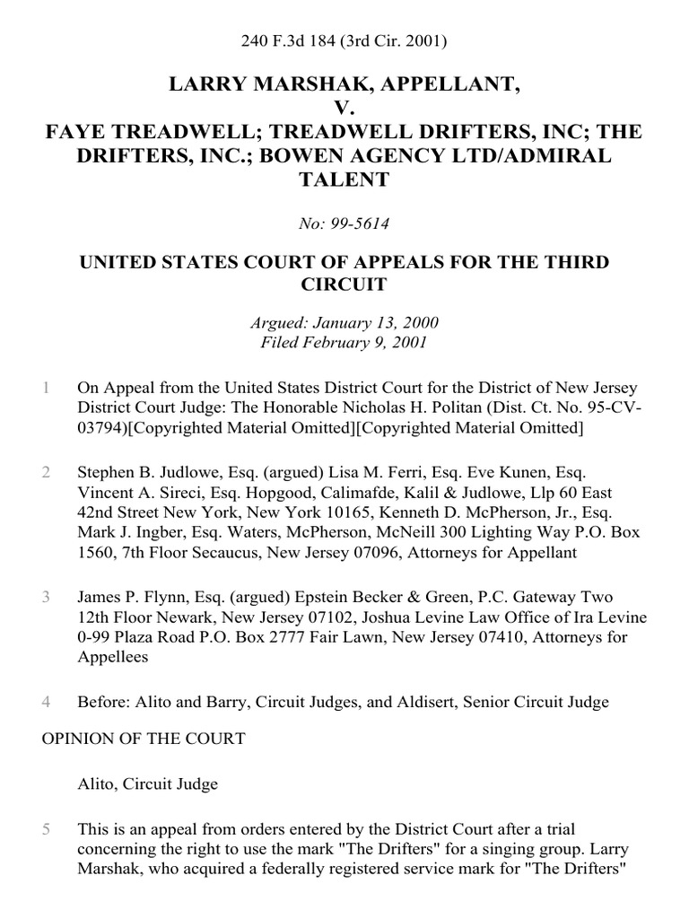 Larry Marshak v. Faye Treadwell Treadwell Drifters, Inc The Drifters ...