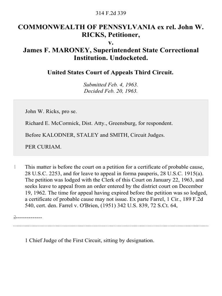 Commonwealth of Pennsylvania Ex Rel. John W. RICKS, Petitioner, v ...