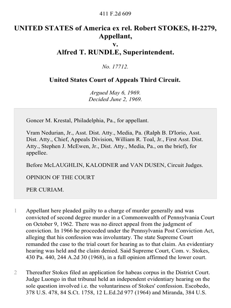 United States of America Ex Rel. Robert Stokes, H-2279 v. Alfred T ...
