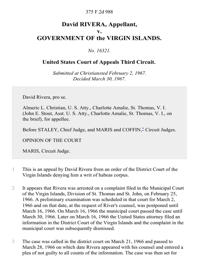 David Rivera v. Government of The Virgin Islands, 375 F.2d 988, 3rd Cir. (1967) | PDF ...