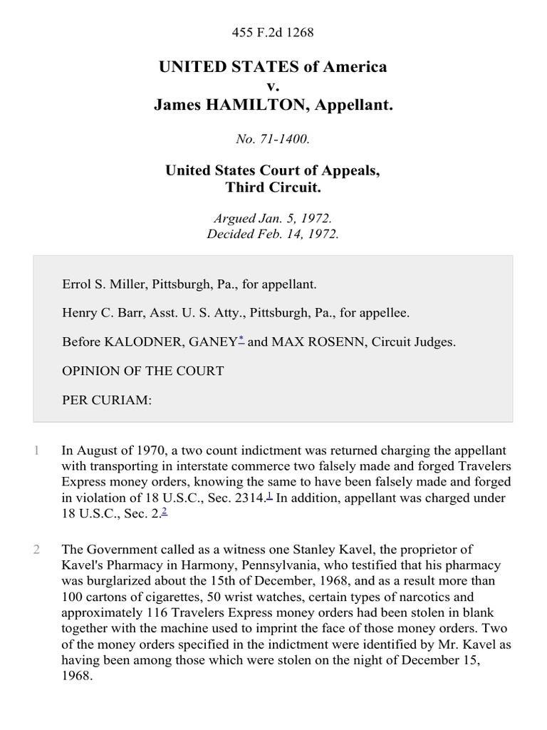 US v. Hamilton: Money Order Fraud Case | PDF | Plea | Prosecutor