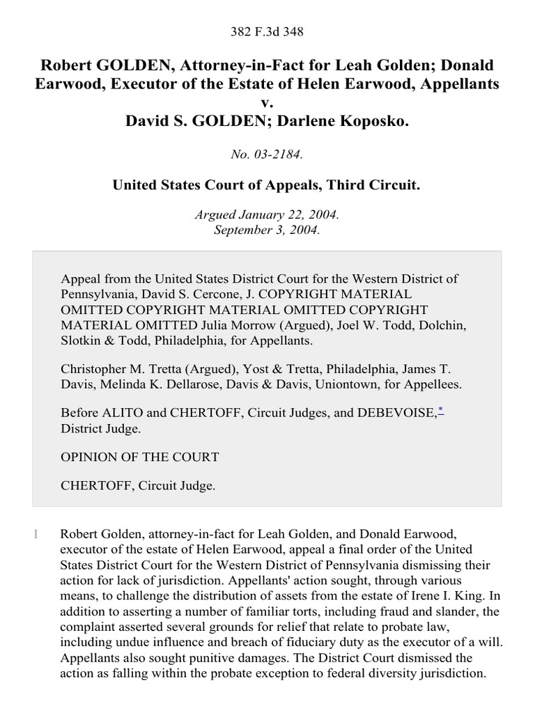 Robert Golden, Attorney-In-Fact For Leah Golden Donald Earwood, of The ...