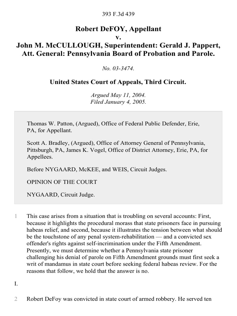 Robert Defoy, Appellant V. John M. Mccullough, Superintendent: Gerald J ...