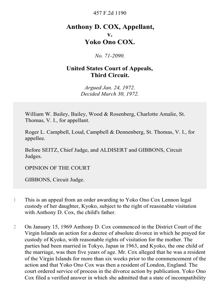 Anthony D. Cox v. Yoko Ono Cox, 457 F.2d 1190, 3rd Cir. (1972) | PDF ...