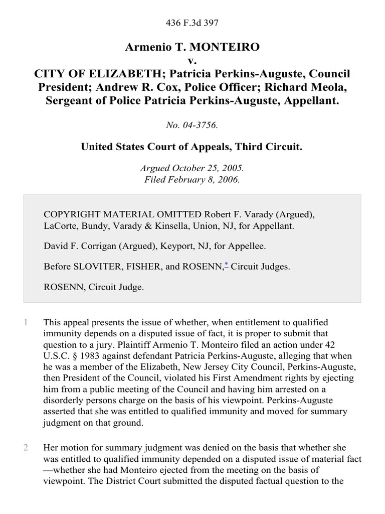 Armenio T. Monteiro v. City of Elizabeth Patricia Perkins-Auguste ...