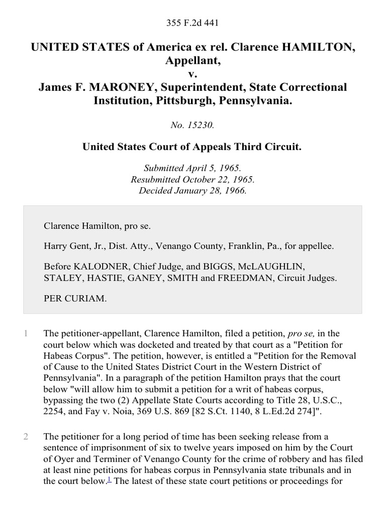 United States of America Ex Rel. Clarence Hamilton v. James F. Maroney ...