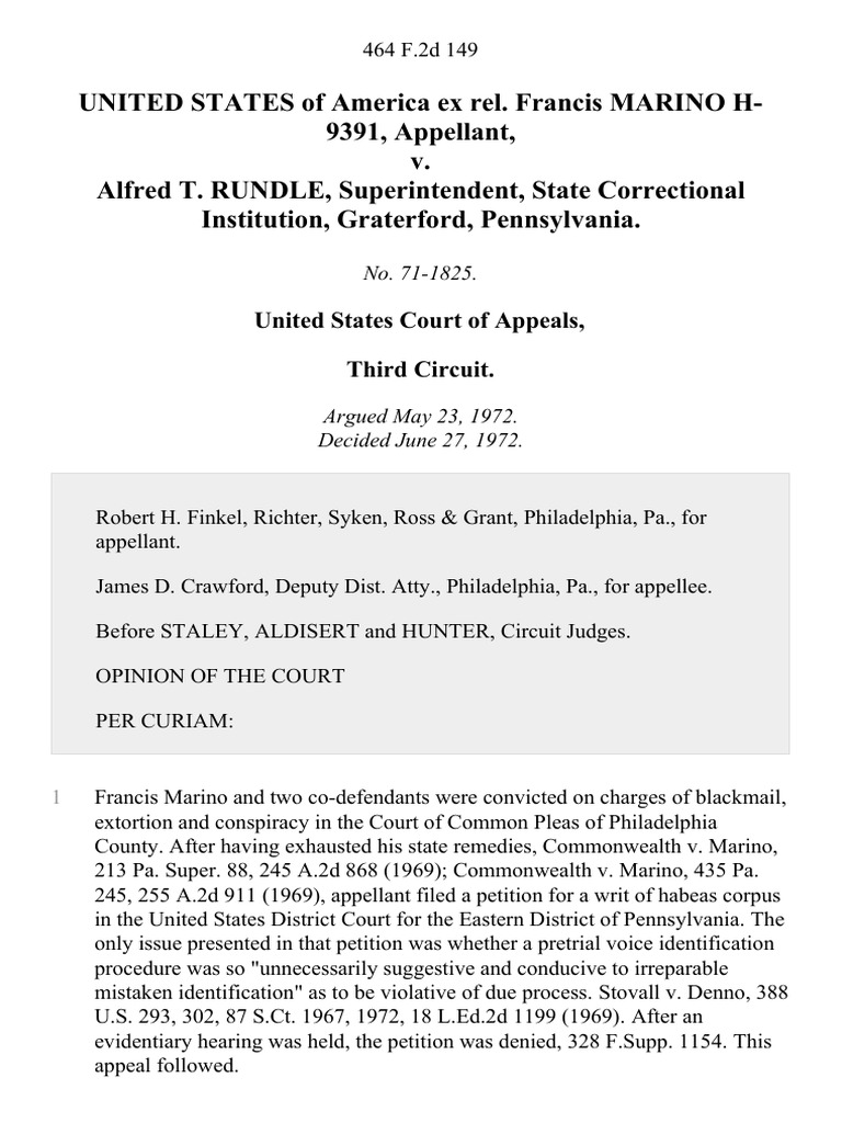 United States of America Ex Rel. Francis Marino H-9391 v. Alfred T ...