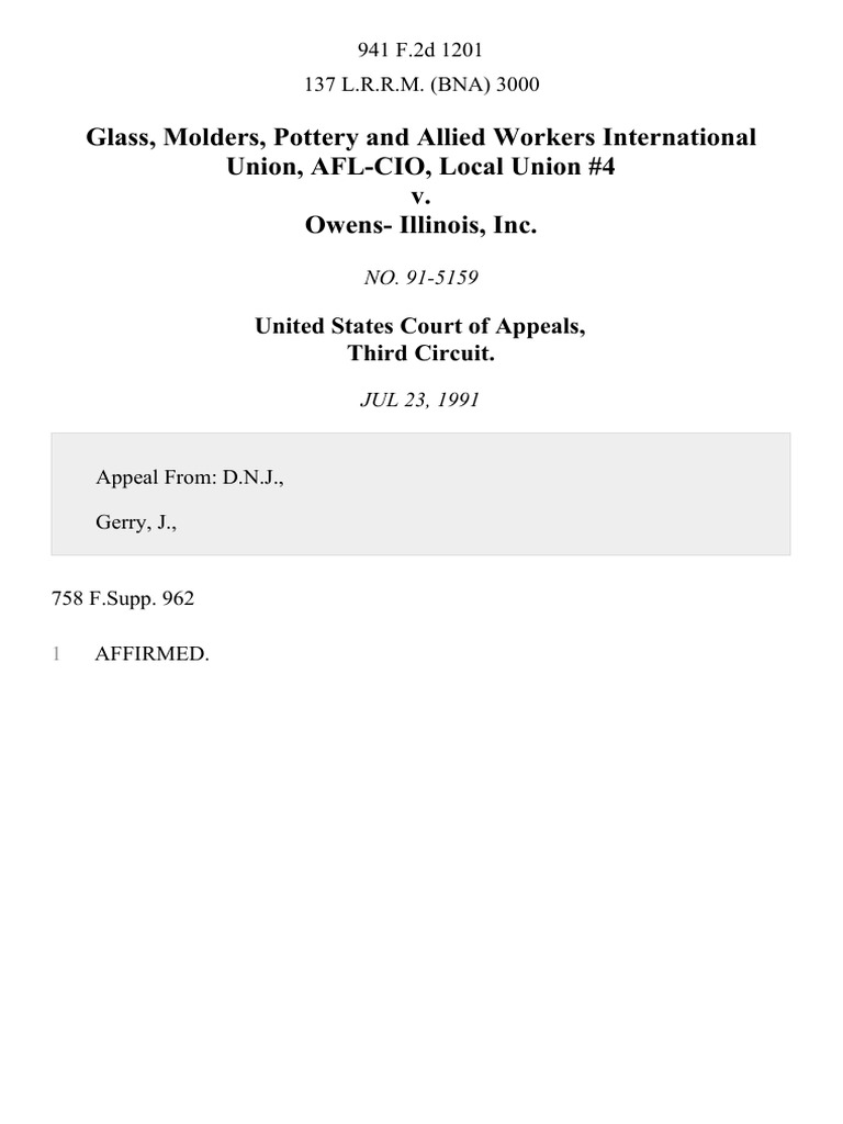 Glass, Molders, Pottery and Allied Workers International Union, Afl-Cio, Local Union 4 v. Owens ...