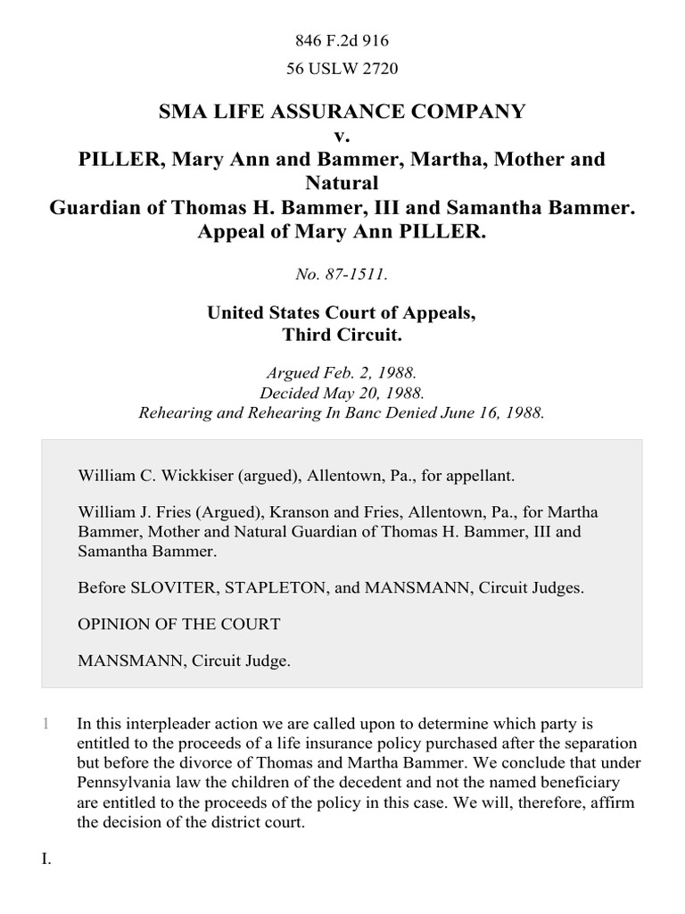 Sma Life Assurance Company v. Piller, Mary Ann and Bammer, Martha ...