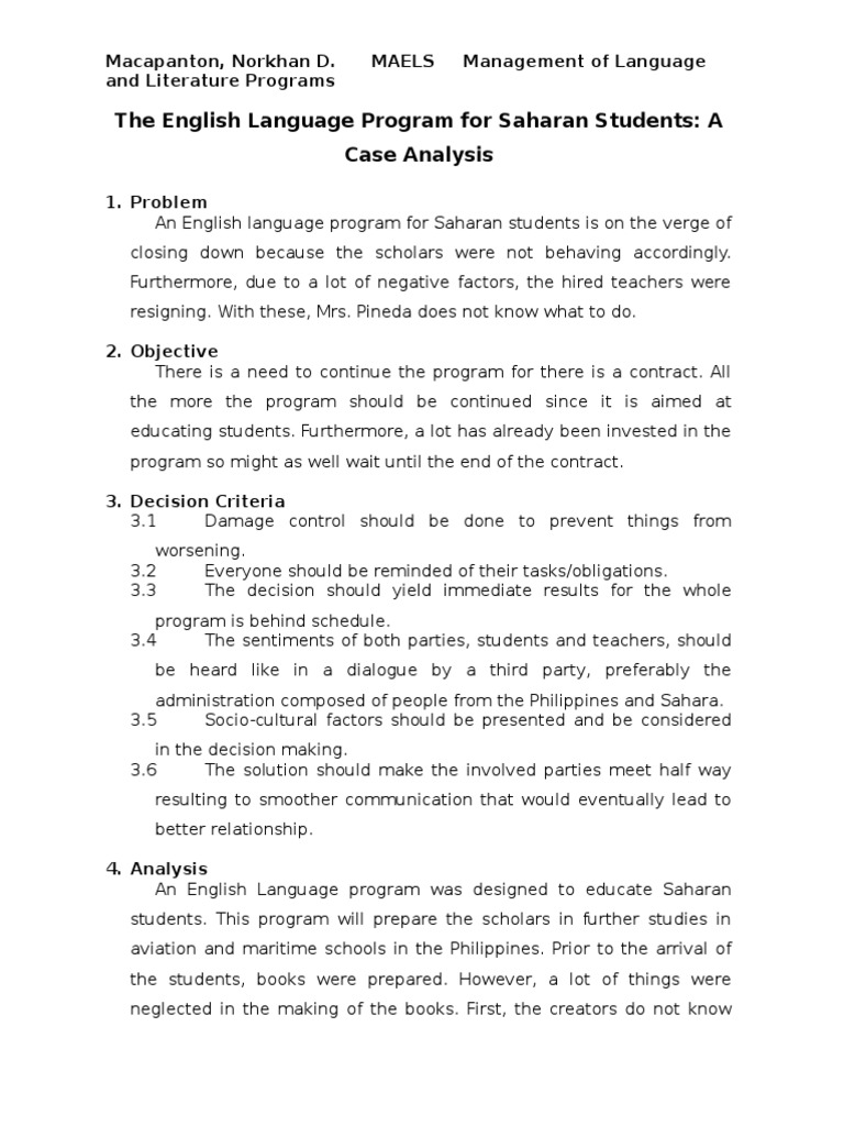 Case Analysis For The English Language Program For Saharan Students | Download Free PDF ...