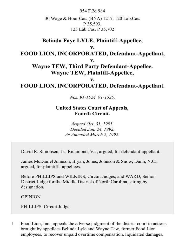 Belinda Faye Lyle v. Food Lion, Incorporated v. Wayne Tew, Third Party ...