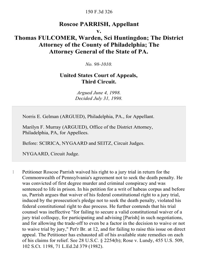 Roscoe Parrish v. Thomas Fulcomer, Warden, Sci Huntingdon The District ...