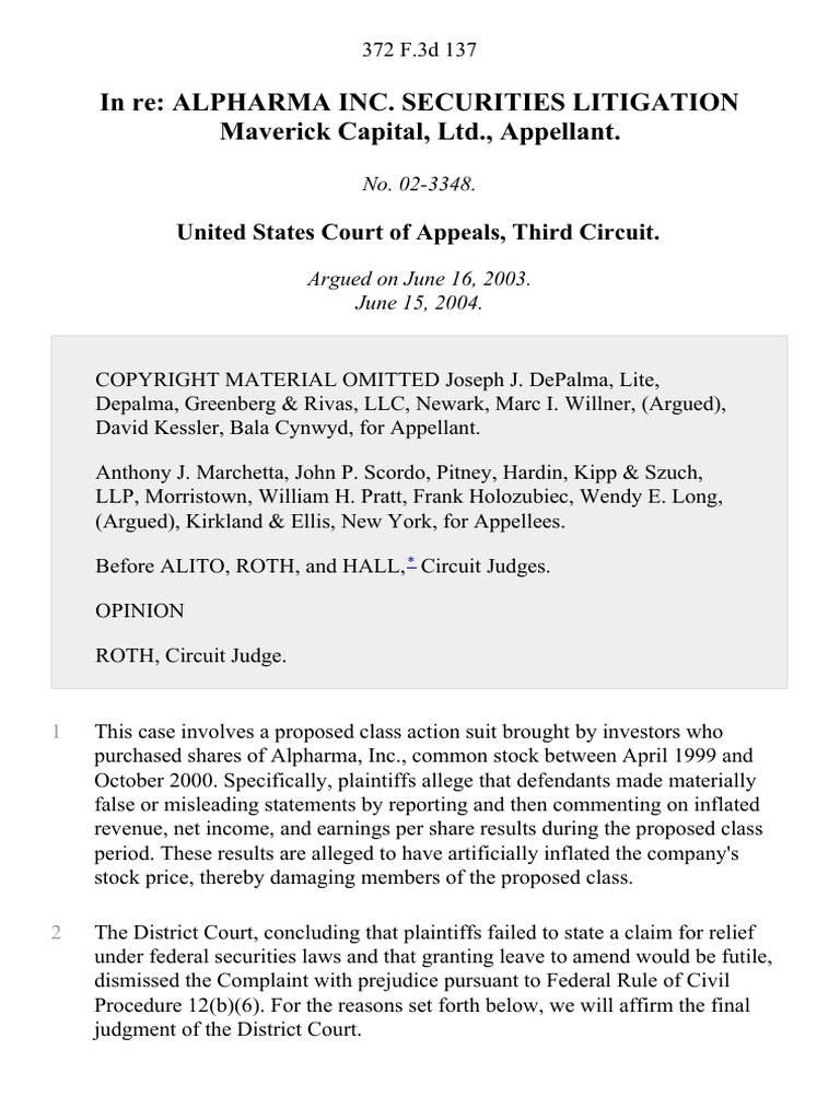 In Re: Alpharma Inc. Securities Litigation Maverick Capital, LTD., 372 ...