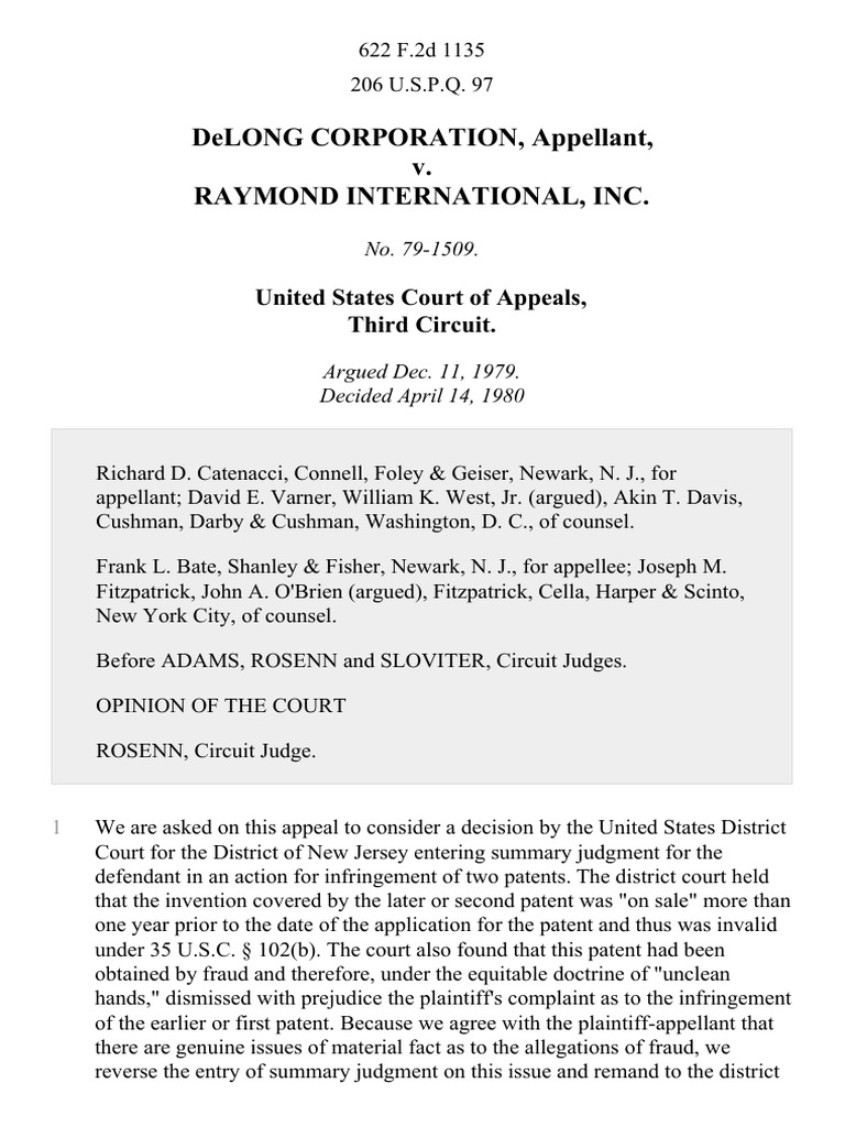 Delong Corporation v. Raymond International, Inc, 622 F.2d 1135, 3rd ...