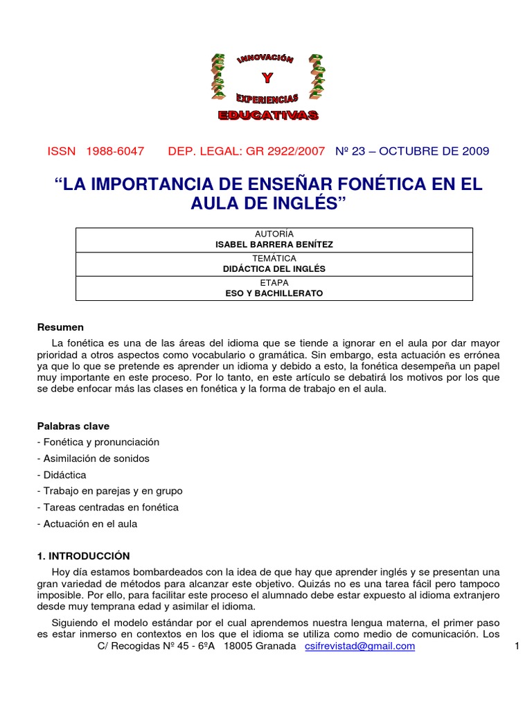 La Importancia de Enseñar Fonética en El Aula de Inglés | PDF | Artes ...