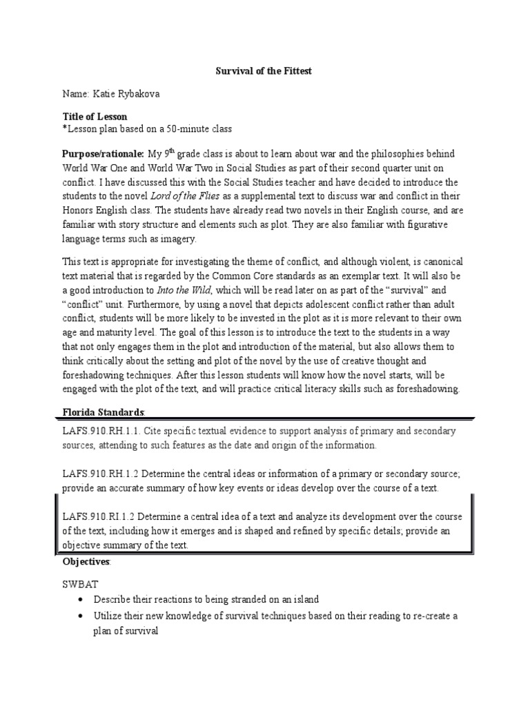 Lord of The Flies Lesson Plan | PDF | Lesson Plan | Educational Assessment