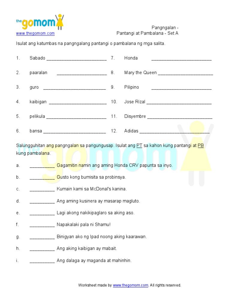 Pangngalan Pantangi at Pambalana Set A | PDF