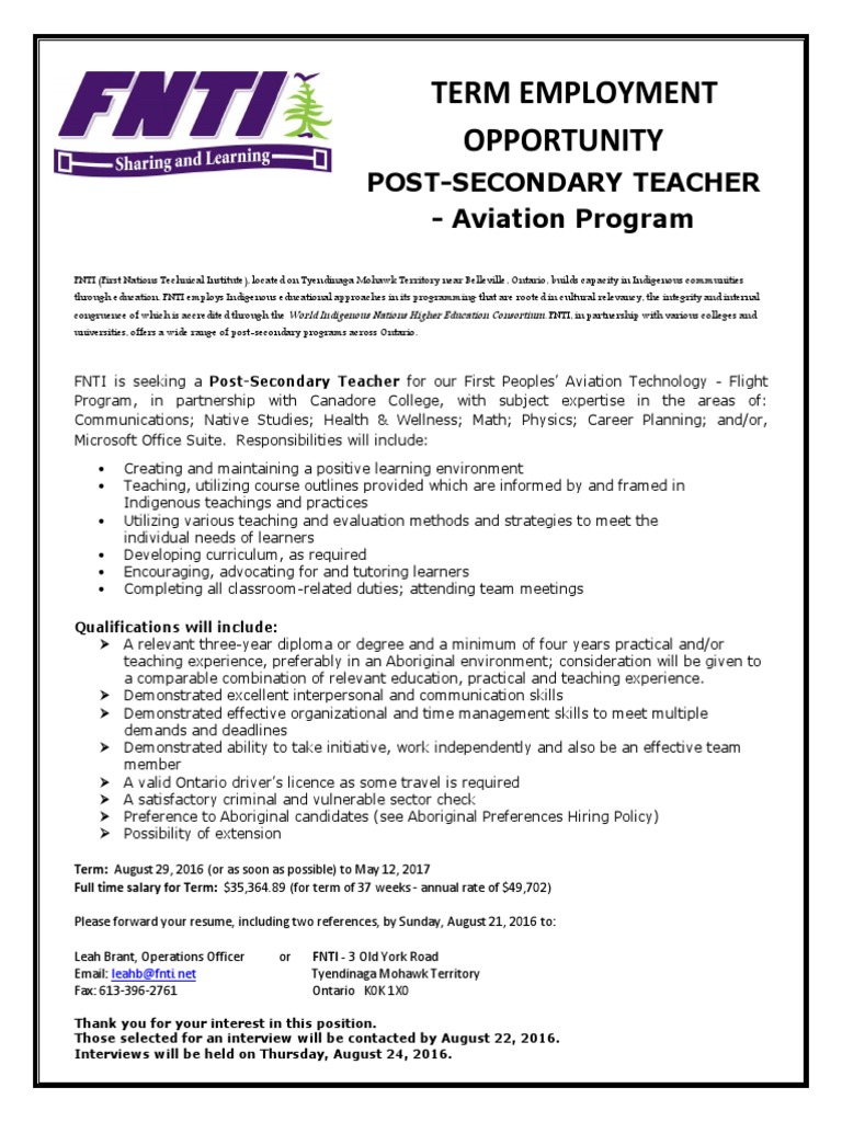 TERM EMPLOYMENT OPPORTUNITY POST-SECONDARY TEACHER - Aviation Program ...